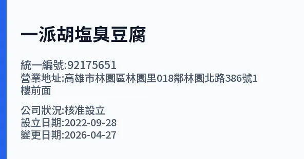 一派胡塩臭豆腐的照片-統編 92175651(高雄市) 公司登記資料與營業項目詳細圖表