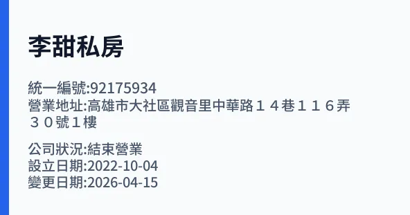 李甜私房的照片-統編 92175934(高雄市) 公司登記資料與營業項目詳細圖表