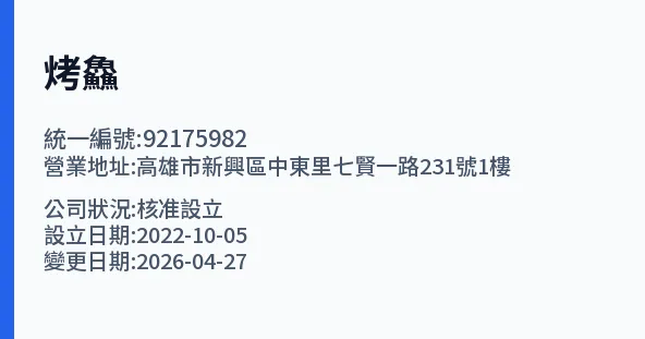 烤鱻的照片-統編 92175982(高雄市) 公司登記資料與營業項目詳細圖表