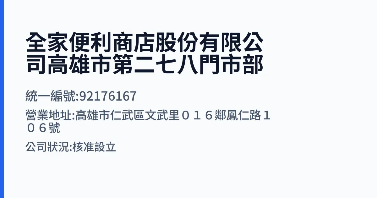 全家便利商店股份有限公司高雄市第二七八門市部 - 統編 92176167(高雄市) 公司登記資料與營業項目詳細圖表