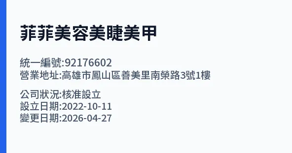 菲菲美容美睫美甲的照片-統編 92176602(高雄市) 公司登記資料與營業項目詳細圖表