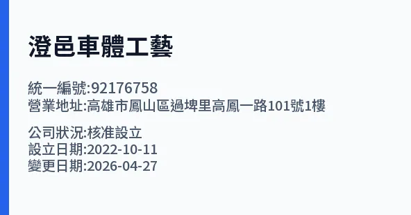 澄邑車體工藝的照片-統編 92176758(高雄市) 公司登記資料與營業項目詳細圖表