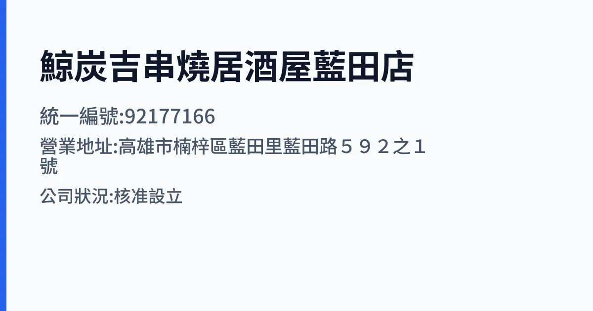 鯨炭吉串燒居酒屋藍田店 - 統編 92177166(高雄市) 公司登記資料與營業項目詳細圖表