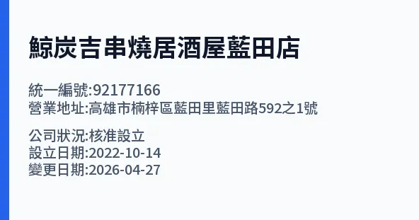 鯨炭吉串燒居酒屋藍田店的照片-統編 92177166(高雄市) 公司登記資料與營業項目詳細圖表