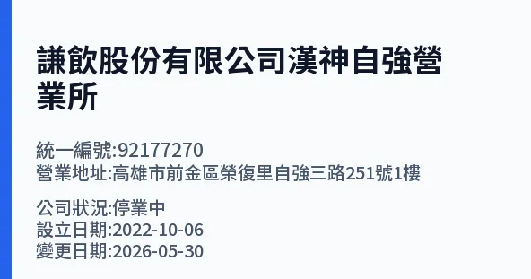 謙飲股份有限公司漢神自強營業所的照片-統編 92177270(高雄市) 公司登記資料與營業項目詳細圖表