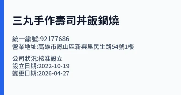 三丸手作壽司丼飯鍋燒的照片-統編 92177686(高雄市) 公司登記資料與營業項目詳細圖表