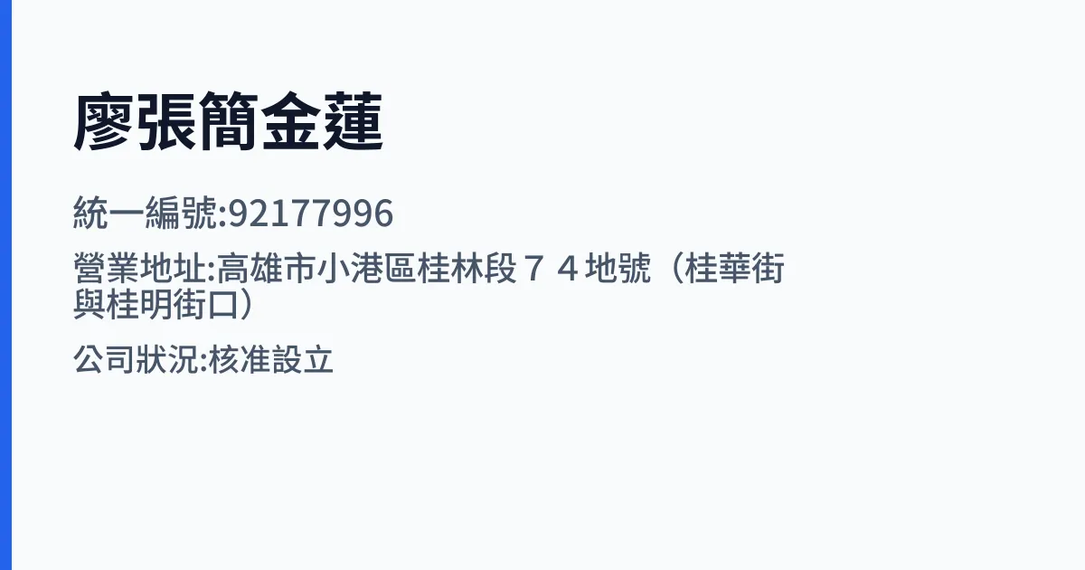 廖張簡金蓮 - 統編 92177996(高雄市) 公司登記資料與營業項目詳細圖表