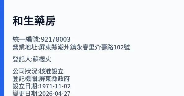 和生藥房的照片-統編 92178003(屏東縣) 公司登記資料與營業項目詳細圖表