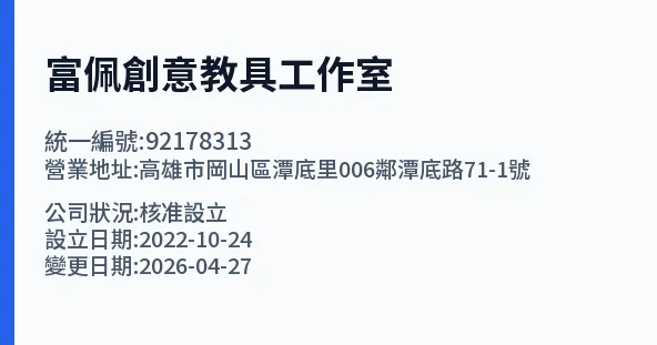 富佩創意教具工作室的照片-統編 92178313(高雄市) 公司登記資料與營業項目詳細圖表