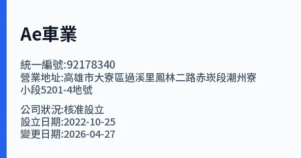 Ae車業的照片-統編 92178340(高雄市) 公司登記資料與營業項目詳細圖表