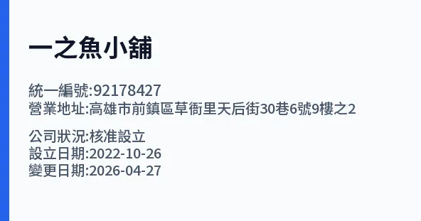 一之魚小舖的照片-統編 92178427(高雄市) 公司登記資料與營業項目詳細圖表