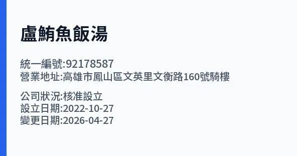 盧鮪魚飯湯的照片-統編 92178587(高雄市) 公司登記資料與營業項目詳細圖表