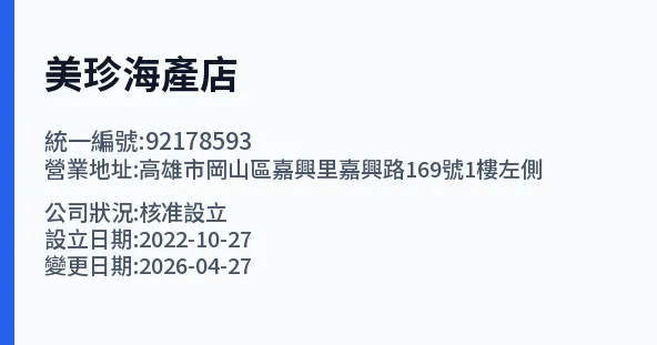 美珍海產店的照片-統編 92178593(高雄市) 公司登記資料與營業項目詳細圖表