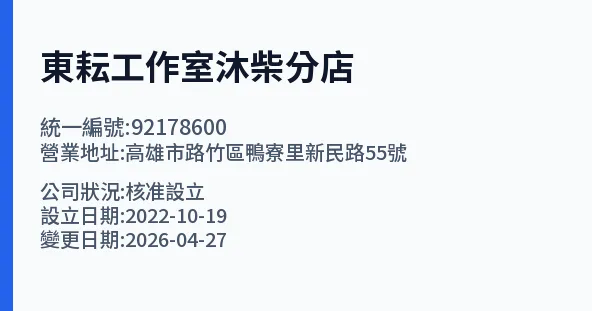 東耘工作室沐柴分店的照片-統編 92178600(高雄市) 公司登記資料與營業項目詳細圖表
