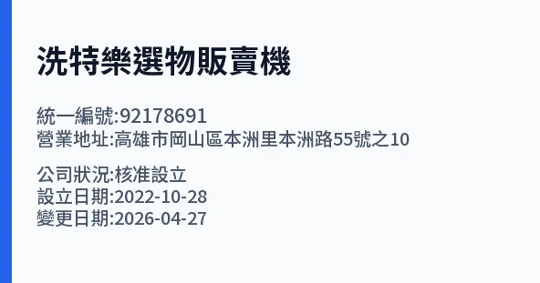 洗特樂選物販賣機的照片-統編 92178691(高雄市) 公司登記資料與營業項目詳細圖表