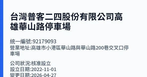 台灣普客二四股份有限公司高雄華山路停車場的照片-統編 92179093(高雄市) 公司登記資料與營業項目詳細圖表