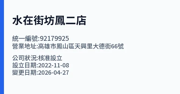 水在街坊鳳二店的照片-統編 92179925(高雄市) 公司登記資料與營業項目詳細圖表