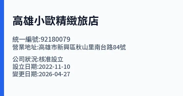 高雄小歐精緻旅店的照片-統編 92180079(高雄市) 公司登記資料與營業項目詳細圖表