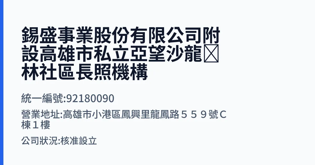 錫盛事業股份有限公司附設高雄市私立亞望沙龍鳯林社區長照機構 - 統編 92180090(高雄市) 公司登記資料與營業項目詳細圖表