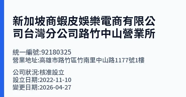 新加坡商蝦皮娛樂電商有限公司台灣分公司路竹中山營業所的照片-統編 92180325(高雄市) 公司登記資料與營業項目詳細圖表
