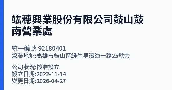竑穗興業股份有限公司鼓山鼓南營業處的照片-統編 92180401(高雄市) 公司登記資料與營業項目詳細圖表