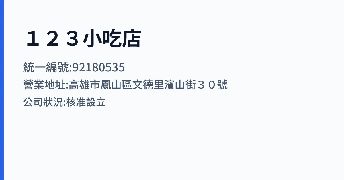 １２３小吃店 - 統編 92180535(高雄市) 公司登記資料與營業項目詳細圖表