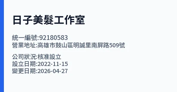 日子美髮工作室的照片-統編 92180583(高雄市) 公司登記資料與營業項目詳細圖表