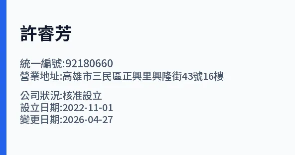 許睿芳的照片-統編 92180660(高雄市) 公司登記資料與營業項目詳細圖表