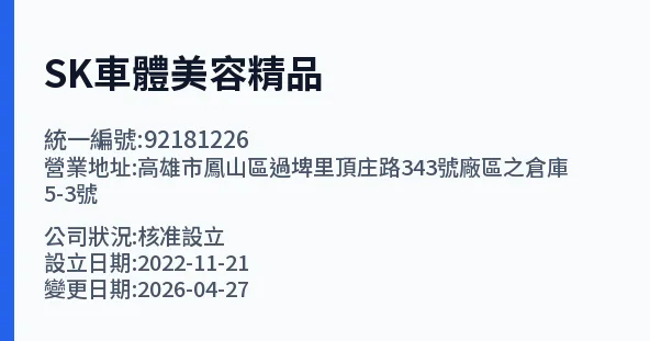 SK車體美容精品的照片-統編 92181226(高雄市) 公司登記資料與營業項目詳細圖表