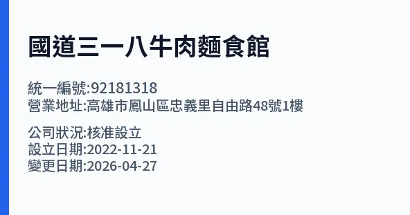 國道三一八牛肉麵食館的照片-統編 92181318(高雄市) 公司登記資料與營業項目詳細圖表