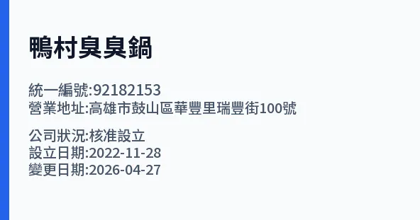 鴨村臭臭鍋的照片-統編 92182153(高雄市) 公司登記資料與營業項目詳細圖表