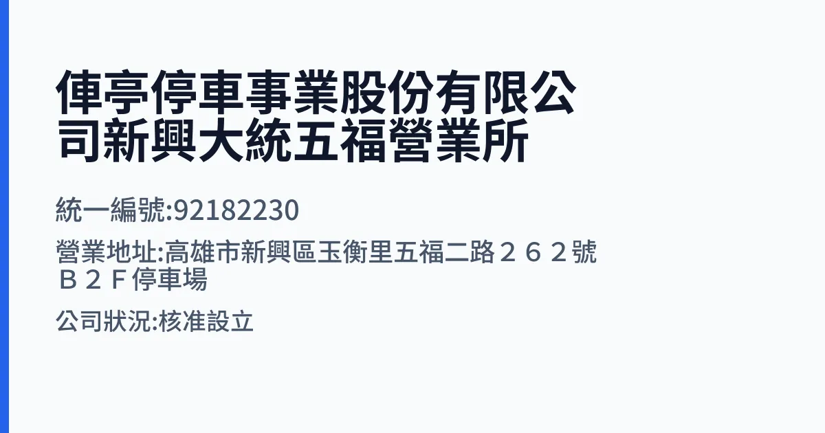 俥亭停車事業股份有限公司新興大統五福營業所 - 統編 92182230（高雄市） 公司登記資料與營業項目詳細圖表