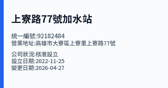 上寮路77號加水站的照片-統編 92182484(高雄市) 公司登記資料與營業項目詳細圖表