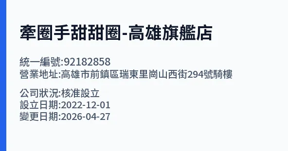 牽圈手甜甜圈-高雄旗艦店的照片-統編 92182858(高雄市) 公司登記資料與營業項目詳細圖表