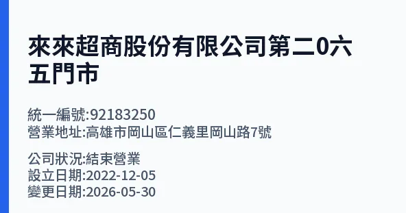 來來超商股份有限公司第二0六五門市的照片-統編 92183250(高雄市) 公司登記資料與營業項目詳細圖表