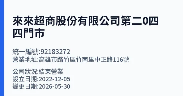 來來超商股份有限公司第二0四四門市的照片-統編 92183272(高雄市) 公司登記資料與營業項目詳細圖表
