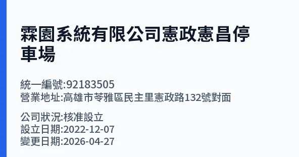 霖園系統有限公司憲政憲昌停車場的照片-統編 92183505(高雄市) 公司登記資料與營業項目詳細圖表