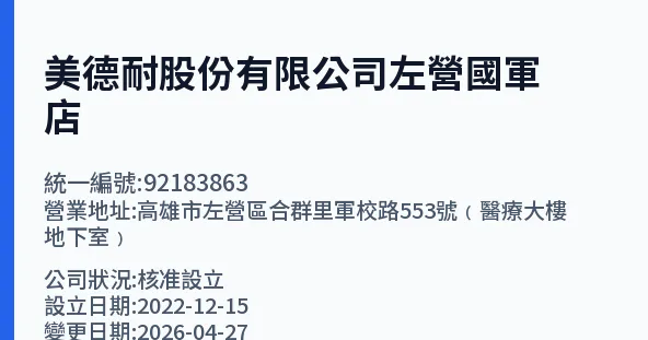 美德耐股份有限公司左營國軍店的照片-統編 92183863(高雄市) 公司登記資料與營業項目詳細圖表