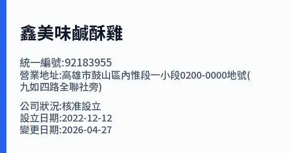 鑫美味鹹酥雞的照片-統編 92183955(高雄市) 公司登記資料與營業項目詳細圖表