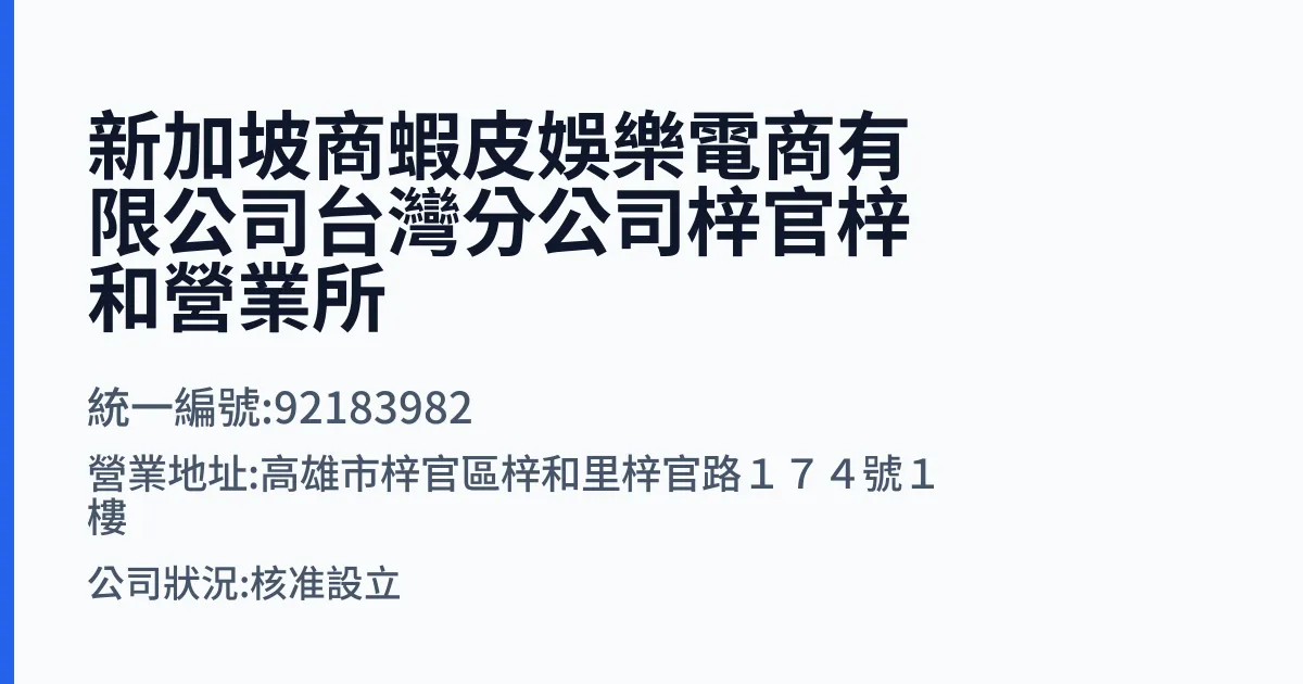 新加坡商蝦皮娛樂電商有限公司台灣分公司梓官梓和營業所 - 統編 92183982(高雄市) 公司登記資料與營業項目詳細圖表