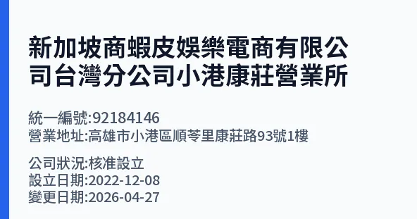 新加坡商蝦皮娛樂電商有限公司台灣分公司小港康莊營業所的照片-統編 92184146(高雄市) 公司登記資料與營業項目詳細圖表