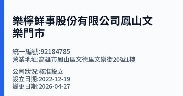 樂檸鮮事股份有限公司鳳山文樂門市的照片-統編 92184785(高雄市) 公司登記資料與營業項目詳細圖表