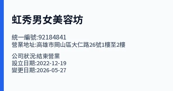 虹秀男女美容坊的照片-統編 92184841(高雄市) 公司登記資料與營業項目詳細圖表