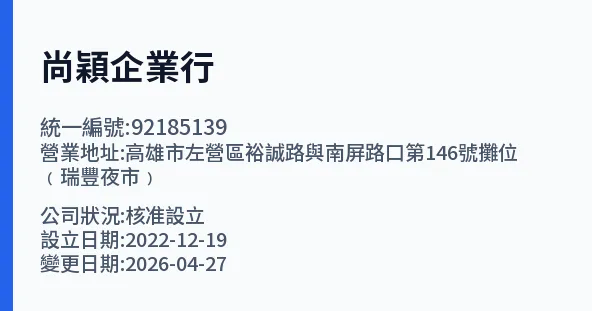 尚穎企業行的照片-統編 92185139(高雄市) 公司登記資料與營業項目詳細圖表