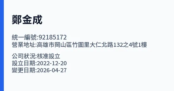 鄭金成的照片-統編 92185172(高雄市) 公司登記資料與營業項目詳細圖表