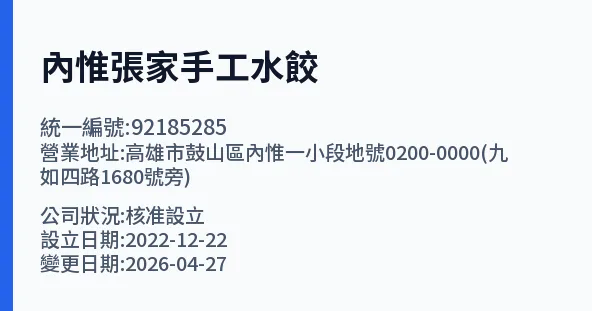 內惟張家手工水餃的照片-統編 92185285(高雄市) 公司登記資料與營業項目詳細圖表