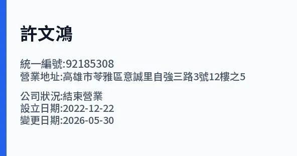 許文鴻的照片-統編 92185308(高雄市) 公司登記資料與營業項目詳細圖表