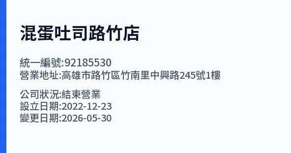 混蛋吐司路竹店的照片-統編 92185530(高雄市) 公司登記資料與營業項目詳細圖表