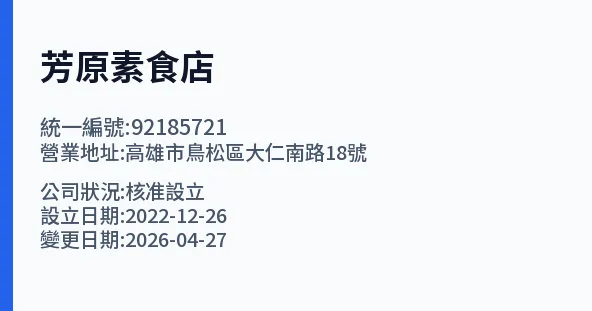 芳原素食店的照片-統編 92185721(高雄市) 公司登記資料與營業項目詳細圖表