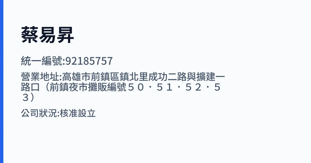 蔡易昇 - 統編 92185757(高雄市) 公司登記資料與營業項目詳細圖表